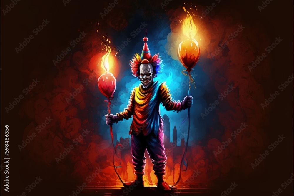 malevolent clown with burning balloon against fiery background. Fantasy ...
