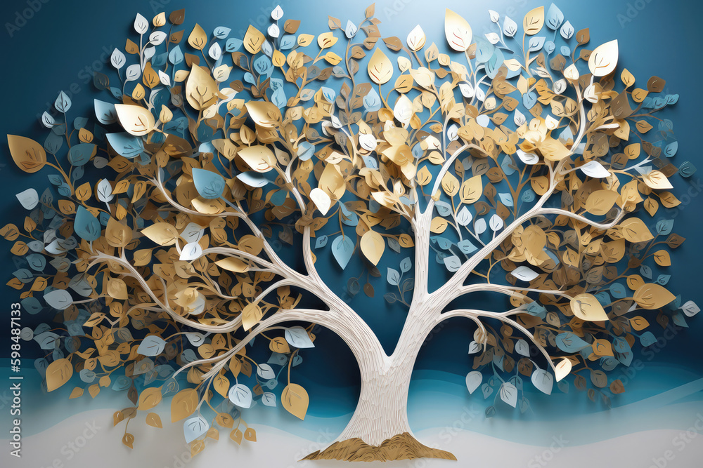 Colorful tree with leaves on hanging branches of blue, white and golden ...
