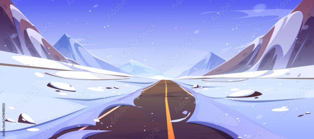 Winter snow road and mountain landscape scene vector background ...