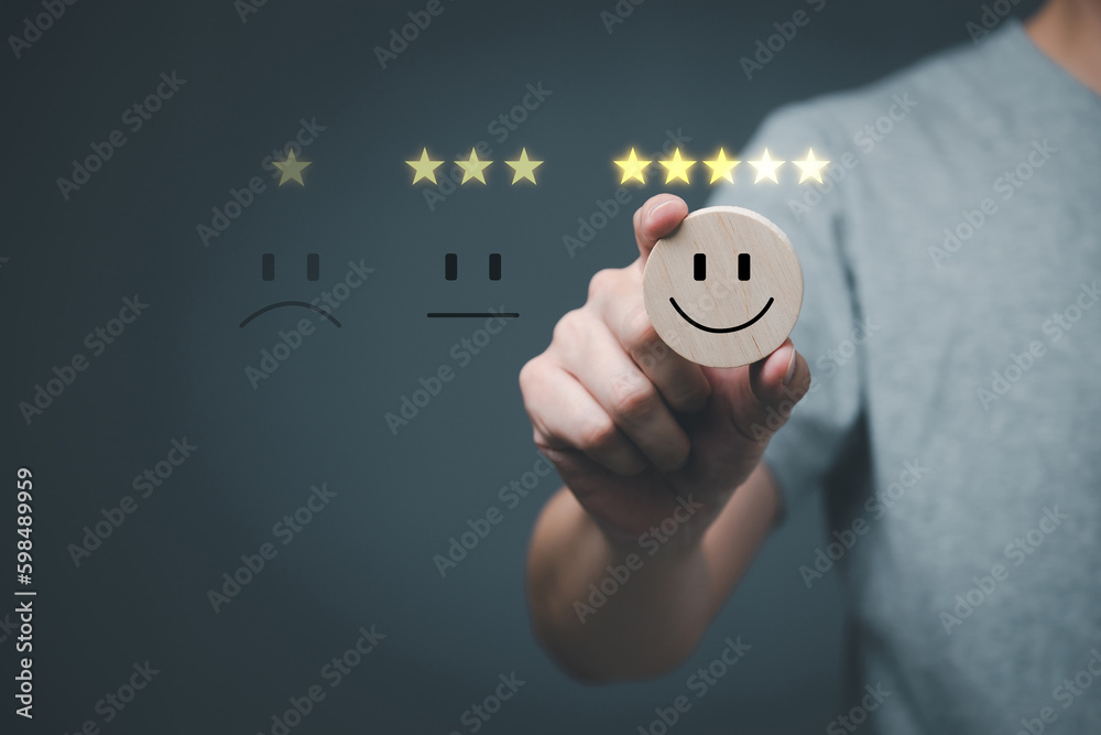 Satisfaction concept, Five-star rating and smiley face icon by male ...