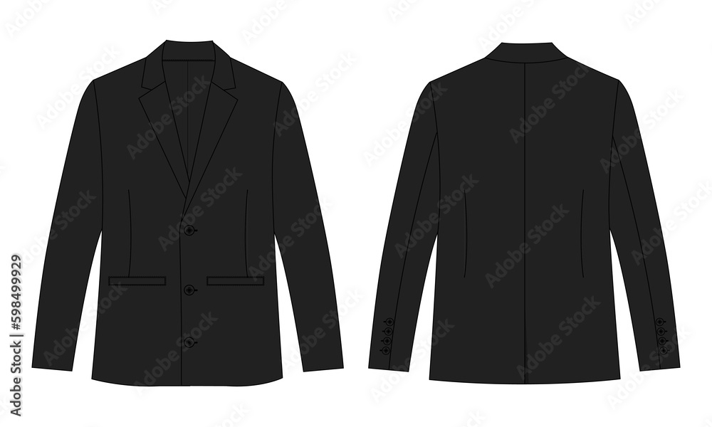 Long sleeve black color blazer suit technical drawing fashion flat ...