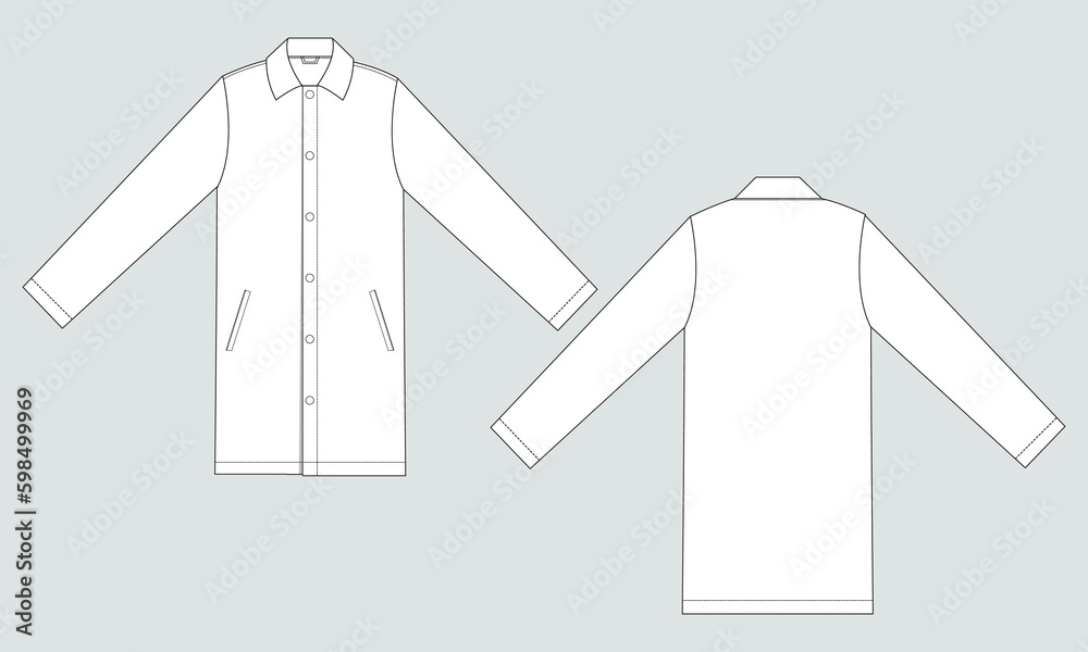 Long sleeve knee length coat jacket technical drawing fashion flat ...