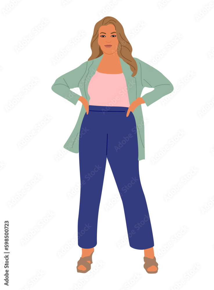 Modern curvy woman in fashionable smart casual spring, summer office ...