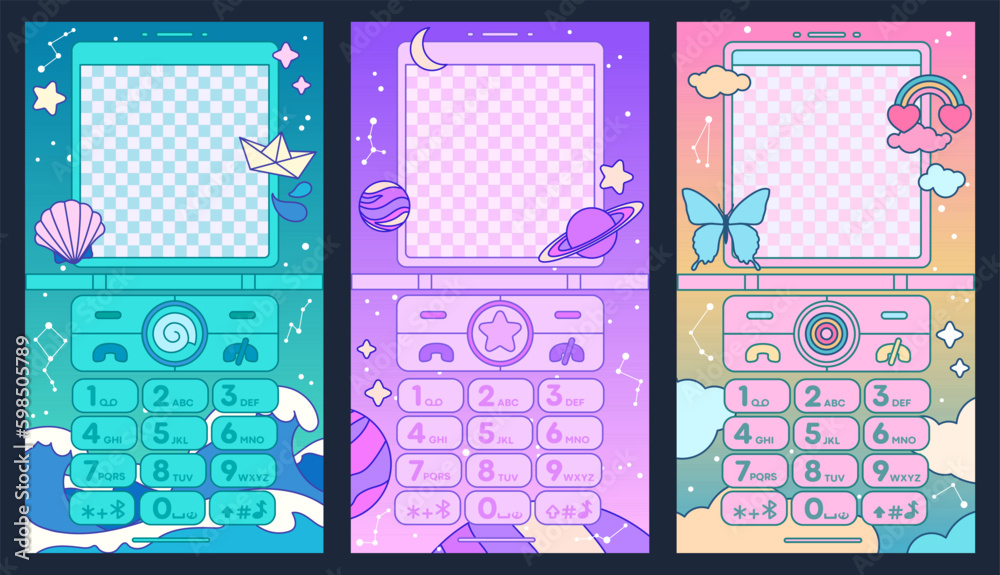 Cute old flip phone backgrounds set. Kawaii stories templates. Social ...