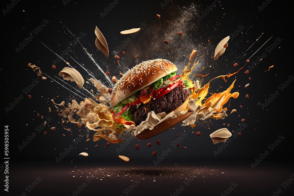 Digital Illustration of Exploding Fast Food on a Dark Background with a ...