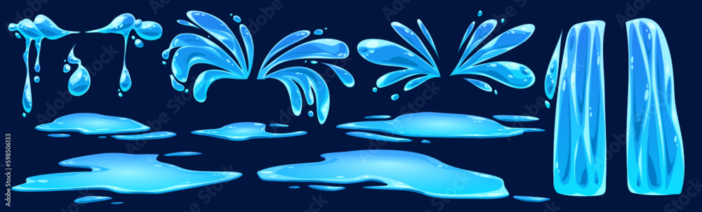 Cartoon set of water splash, puddle, drops, waterfall, river flow ...