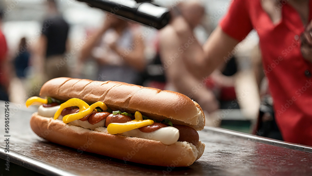 delicious hot dog laying on a table in fast food restaurant some ...