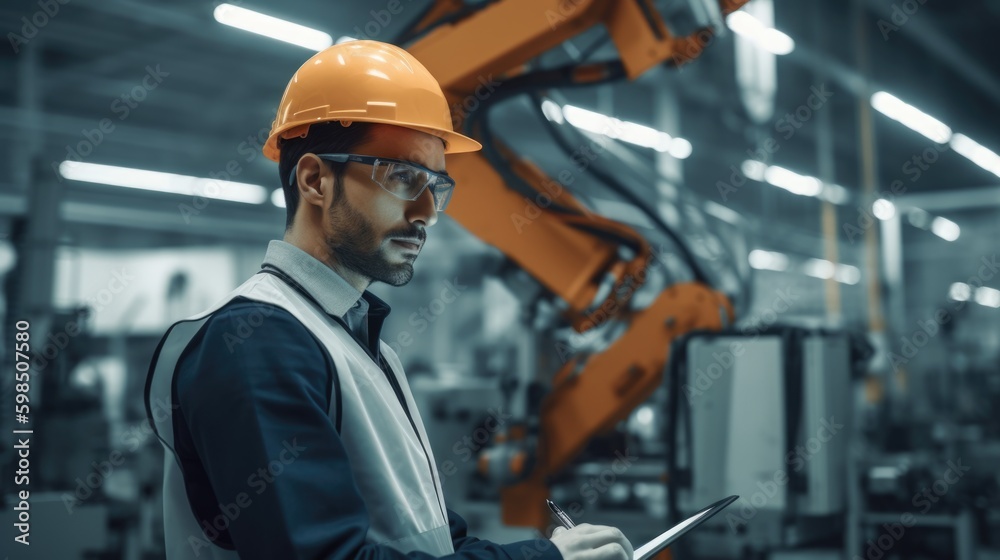 Hispanic engineer male writing checklist with serious looking, standing ...