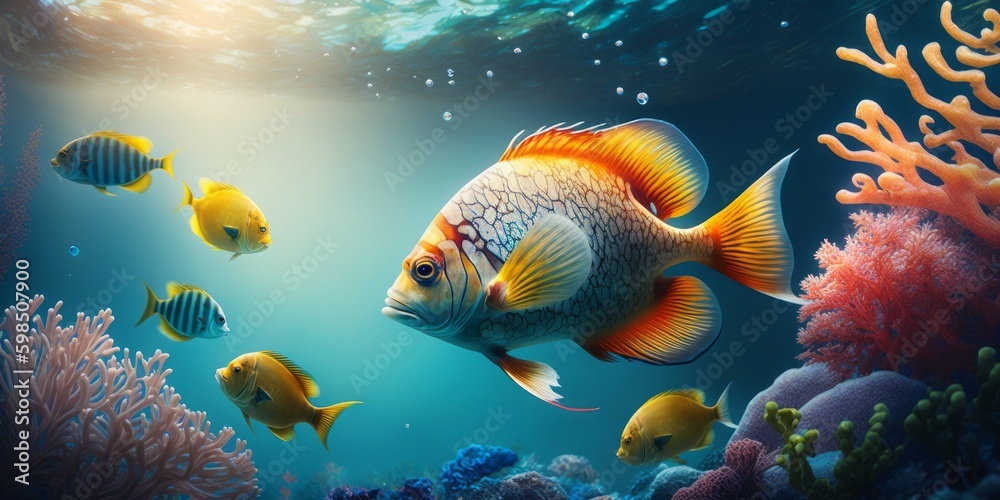 colorful tropical fish swimming underwater, generative ai Stock ...
