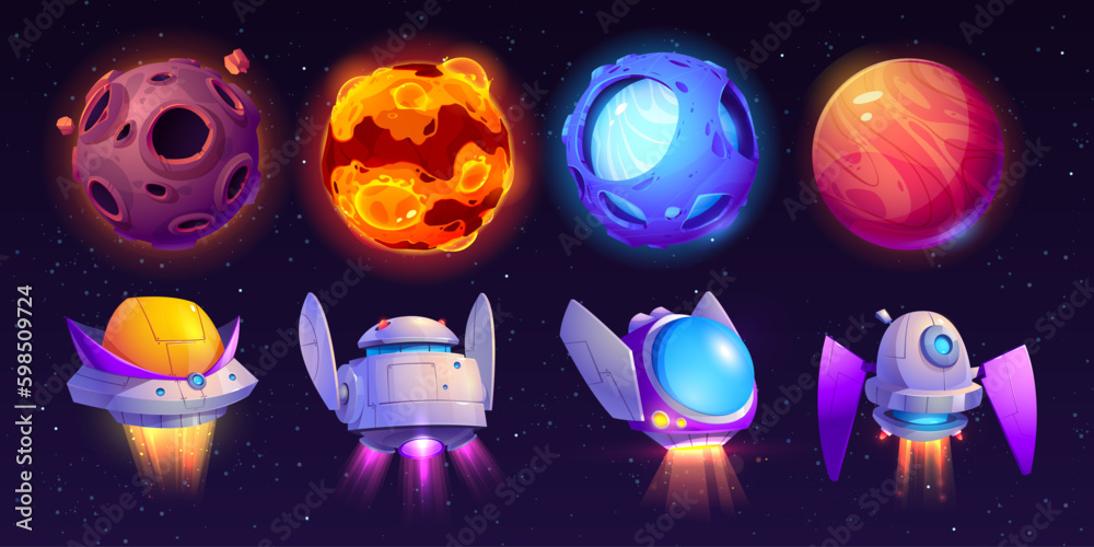 Cartoon set of alien planets and spacecraft isolated on night starry ...