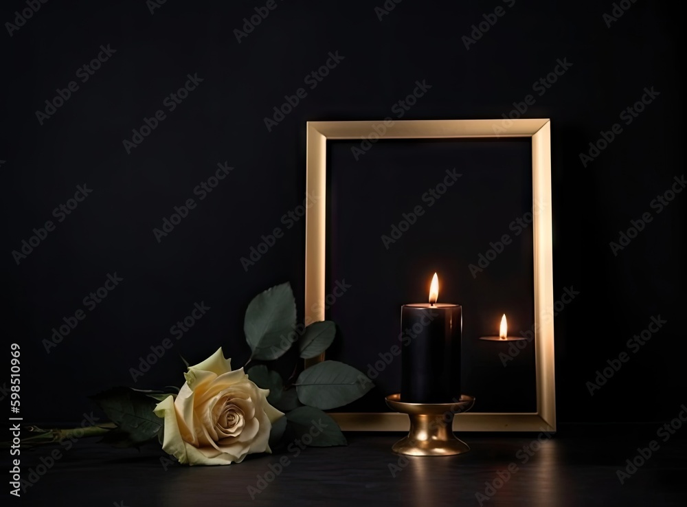 Funeral photo frame with ribbon, white rose and candle on dark table ...