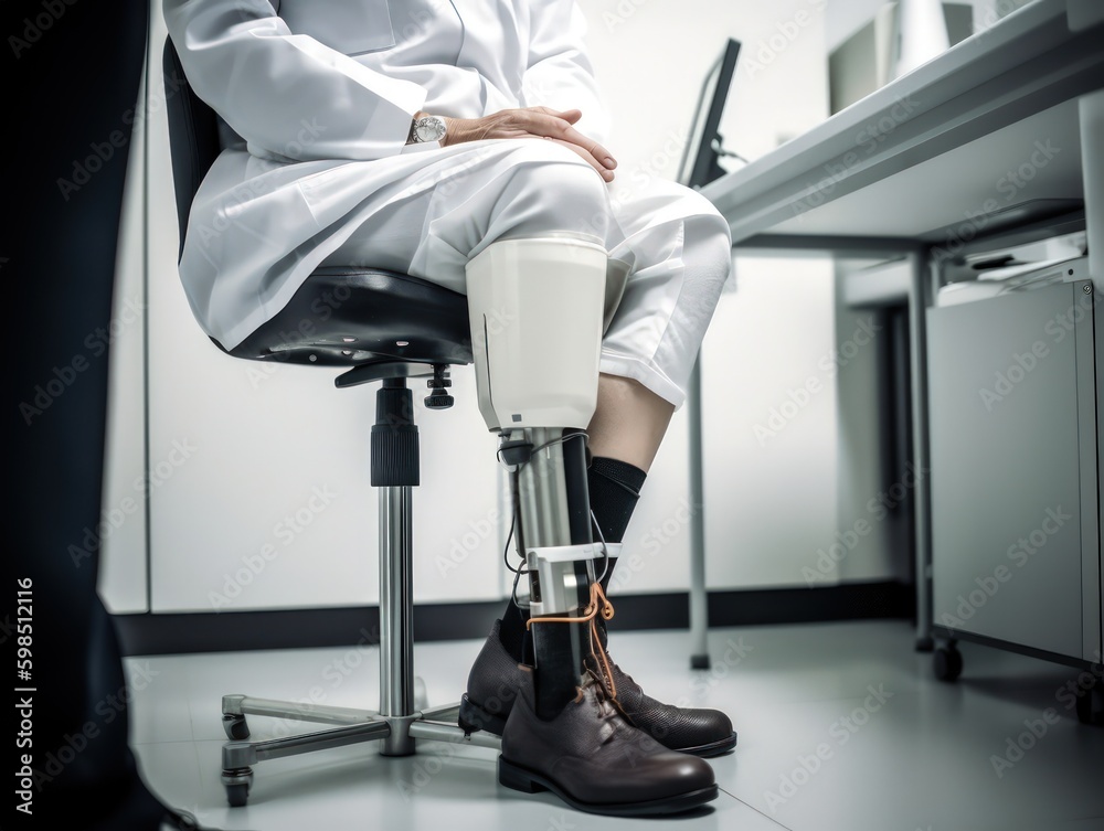 Person in doctor's uniform, sitting in a chair, amputee, prosthetic leg ...
