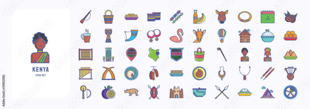 A collection sheet of linear color icons for Kenya country and culture ...