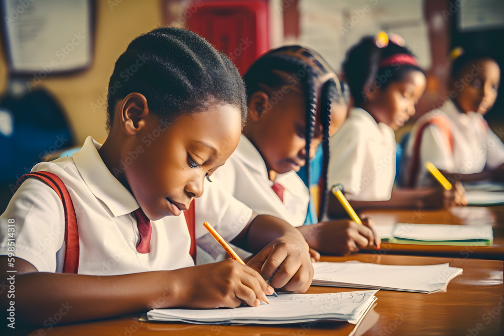 Black African American students write in notebooks at a lesson in ...