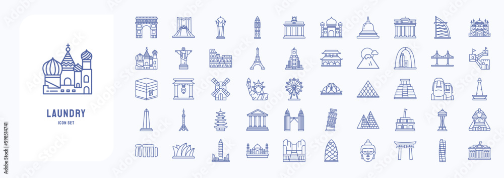 A collection sheet of outline icons for World famous landmarks ...