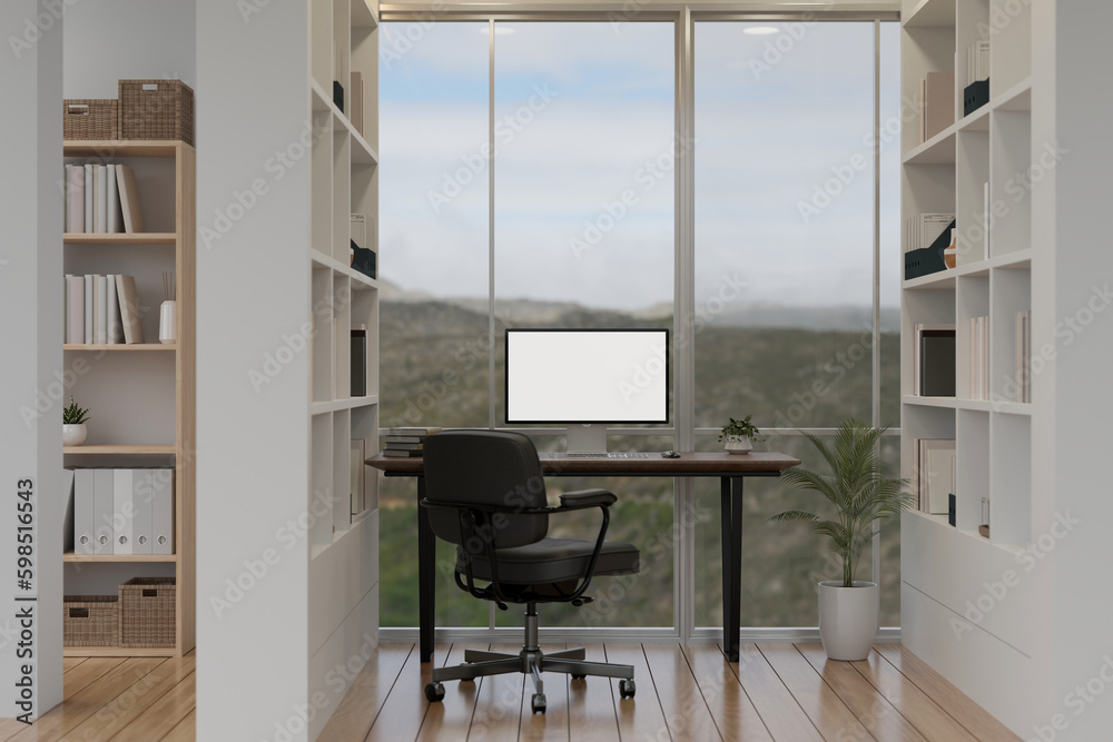 Modern minimal office room or home office interior design with computer ...