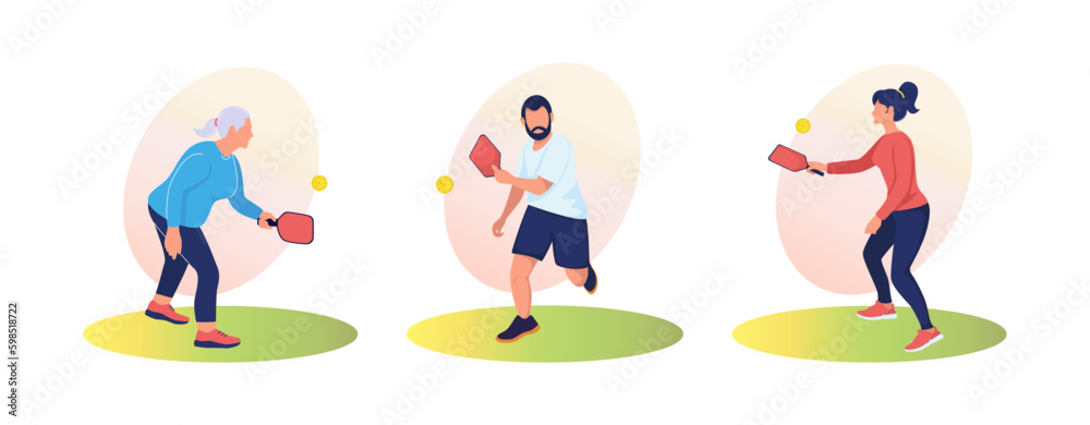 People of different ages play pickleball. Athlete, human figure with ...
