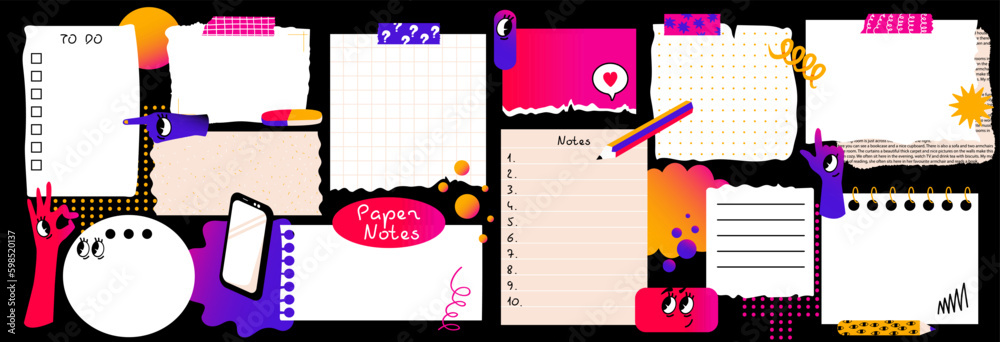 Paper notes with doodle elements. Set with blank Paper sticky notes for ...
