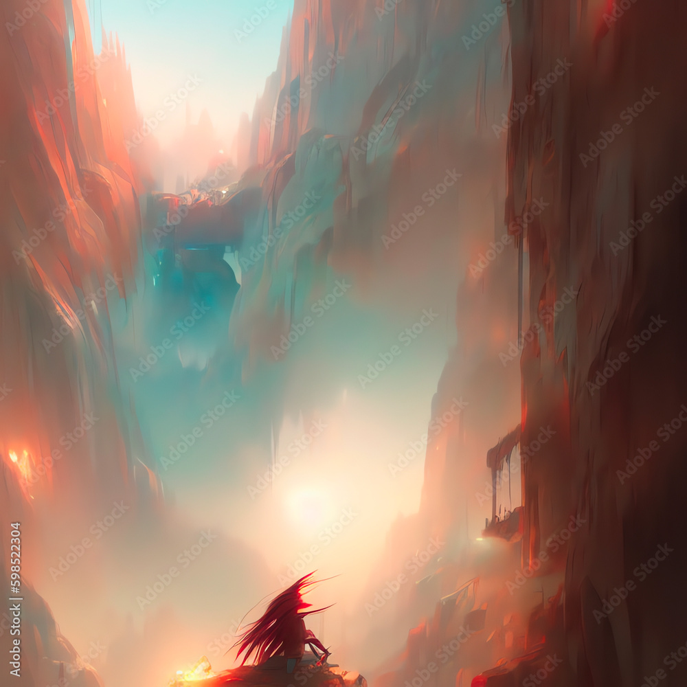 Fantasy landscape, fissure, darkness, light, sun, people in backlight ...