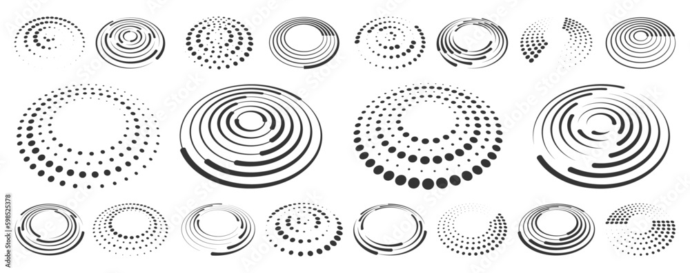 Circle dotted speed lines. Abstract round halftone circle frames ...