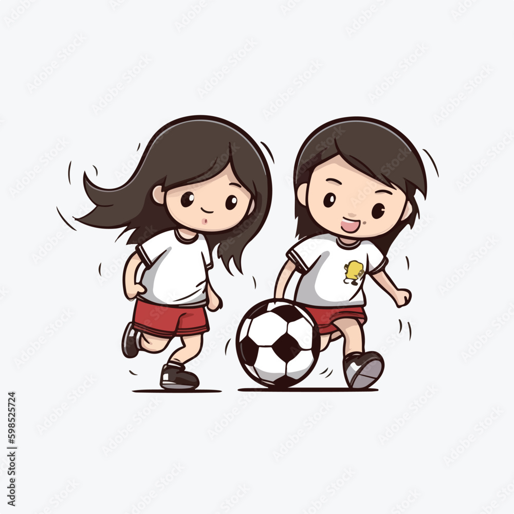 Cute happy little girl playing football soccer cartoon flat character ...