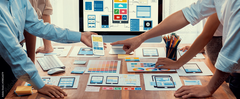 Panorama shot of front-end developer team brainstorming UI and UX ...