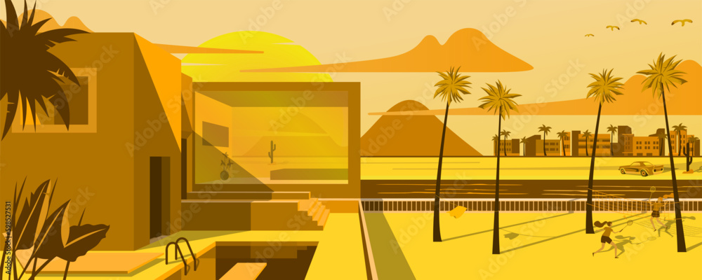 Sunset in Sahara desert landscape. Desert sunset with pyramid and palms ...