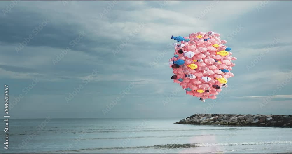 Flock of fish flying in the air like a big air balloon at sea. Bright ...