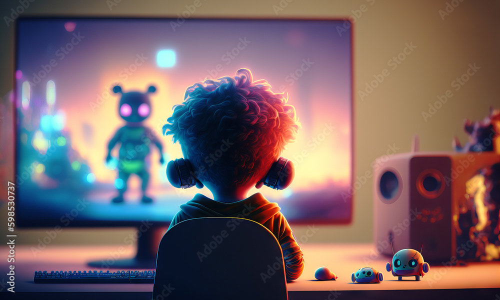 Kid playing video games in his room. Back view of a child sitting in ...