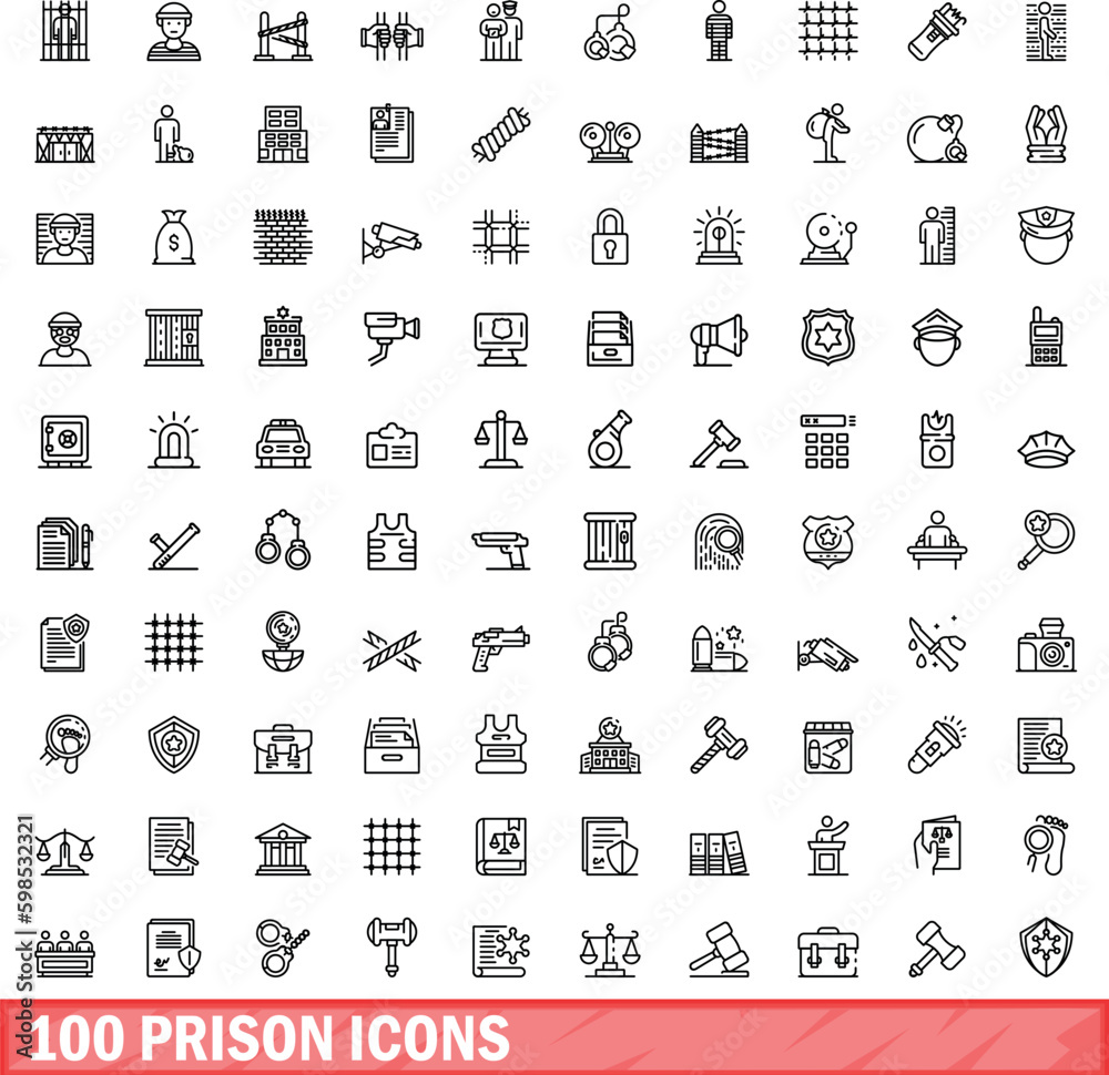 100 prison icons set. Outline illustration of 100 prison icons vector ...