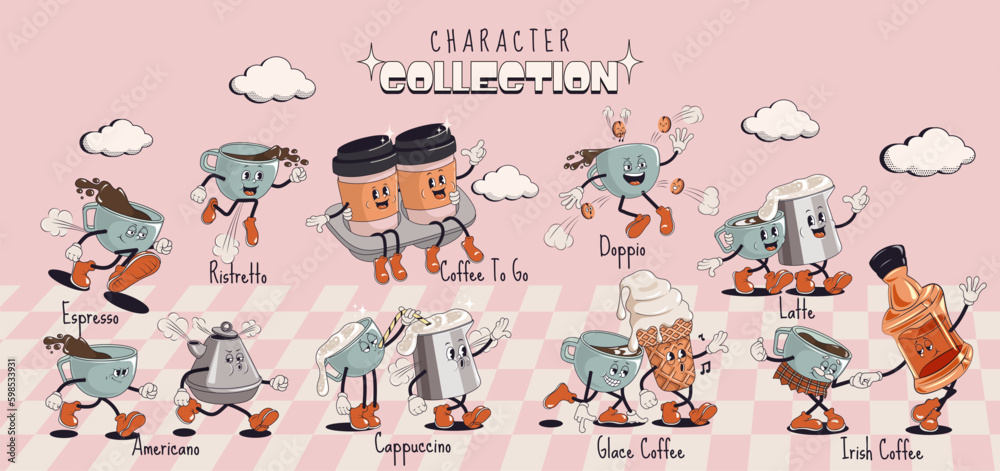 Coffee character collection. Mascot cups of hot drink, cappuccino ...