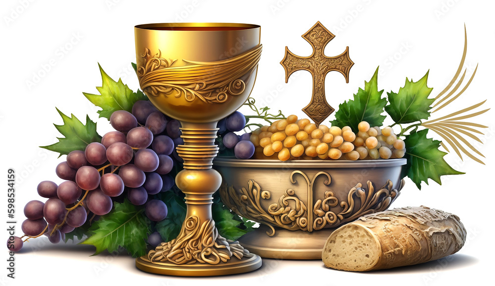Holy Communion. A chalice of wine, bread, grapes and ears of wheat on ...