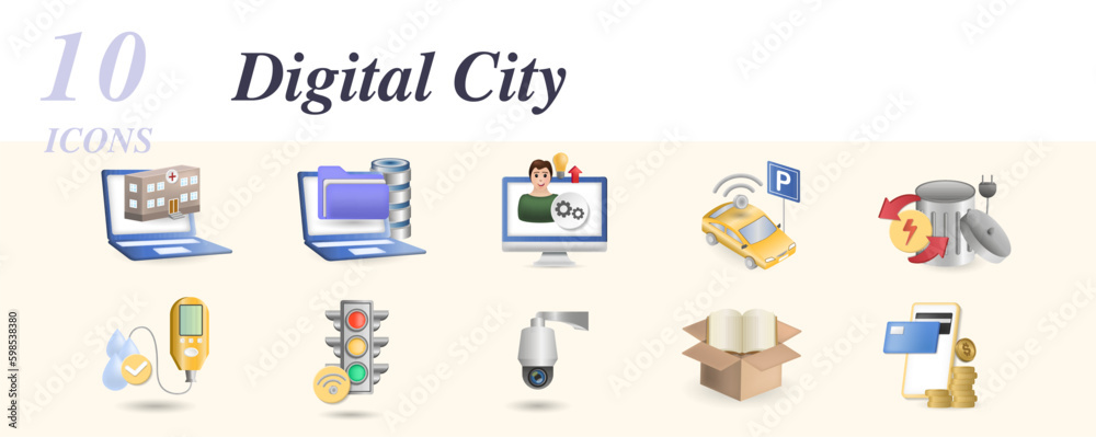 Digital city set. Creative icons: online healthcare, open data, skill ...