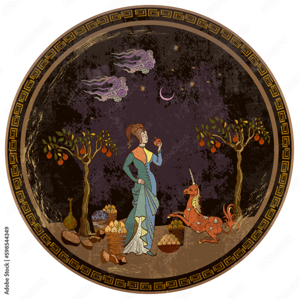 Medieval miniature. Unicorn and the queen. Middle Ages occult parchment ...