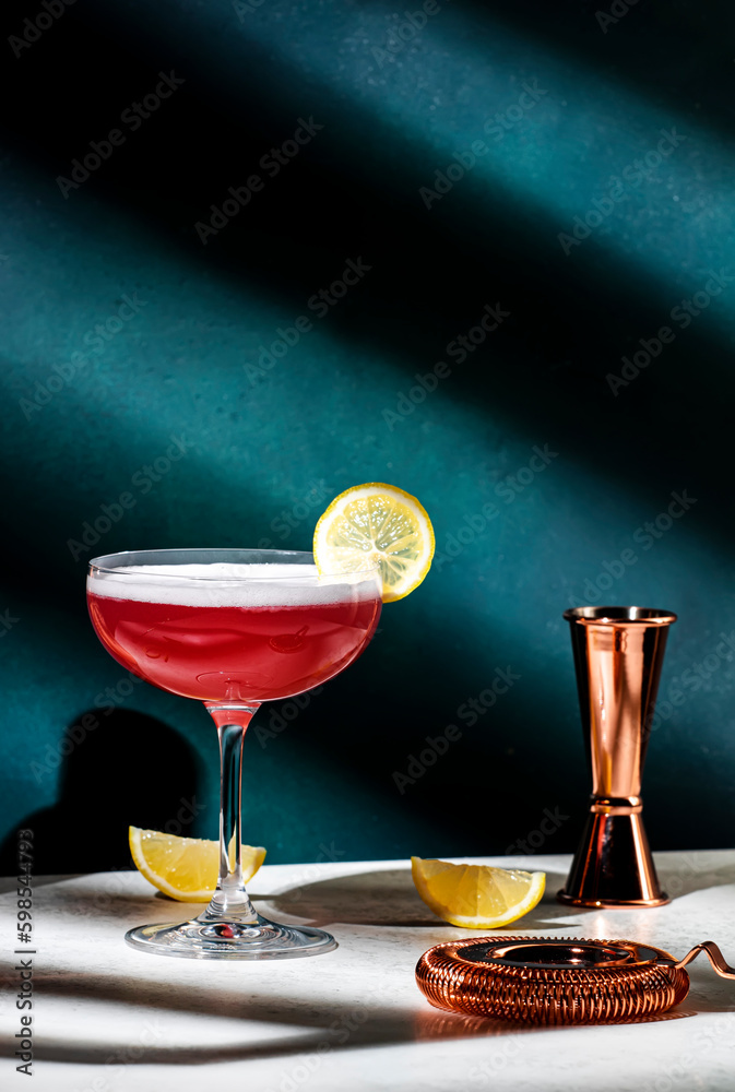 Pink lady classic cocktail drink with dry gin, grenadine syrup, lemon ...