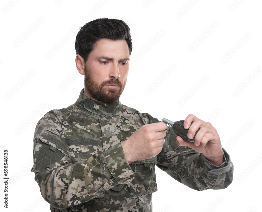 Soldier pulling safety pin out of hand grenade on white background ...