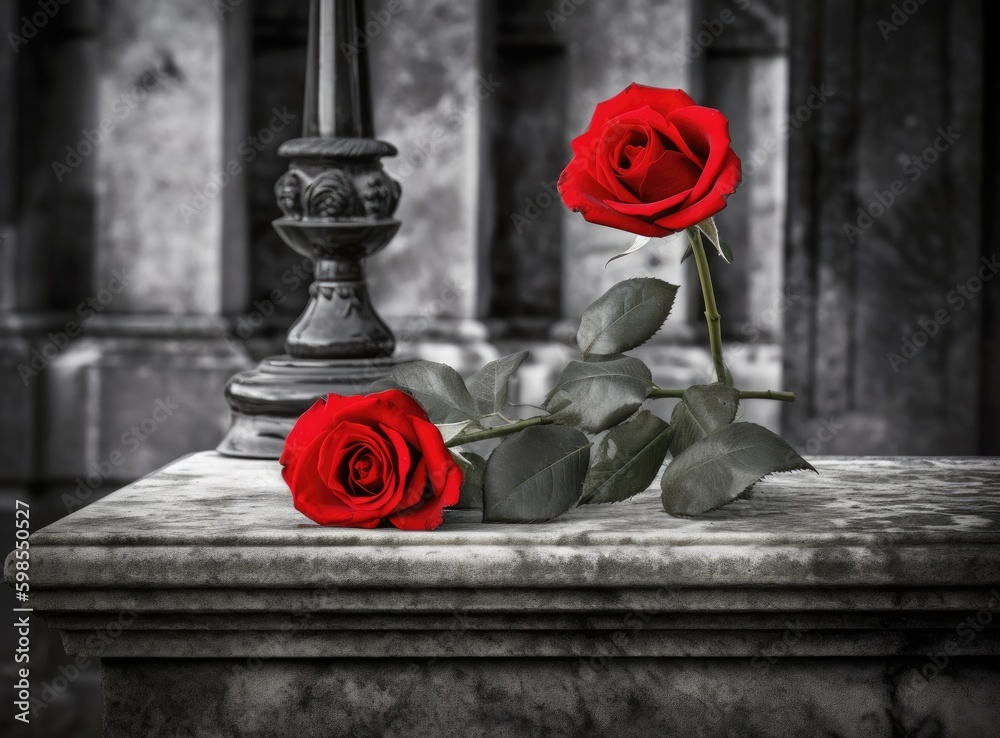 Rose on tombstone. Red rose on grave. Love - loss. Flower on memorial ...