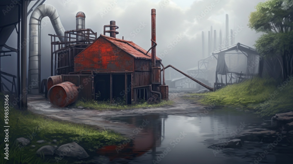 Abandoned and ruined factory building with wild plants. Industrial post ...