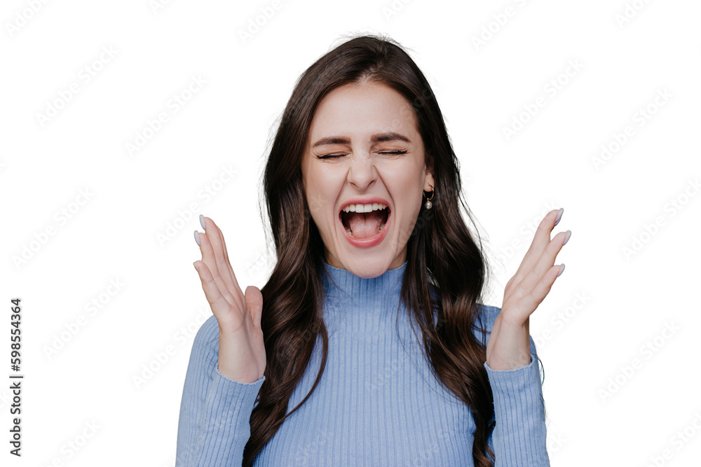 Loud screaming brunette angry girl in lilac sweater eyes closed with ...