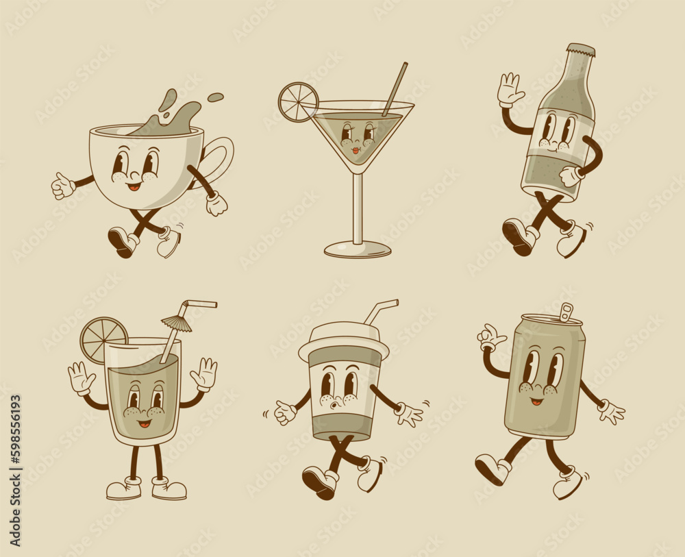 Set of cartoon retro beverage 70s cartoon characters. Vintage funny ...