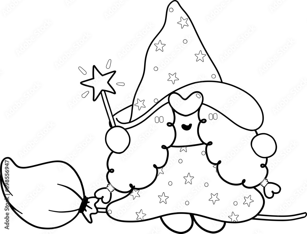 Cute Halloween witch faceless gnome cartoon doodle outline for ...