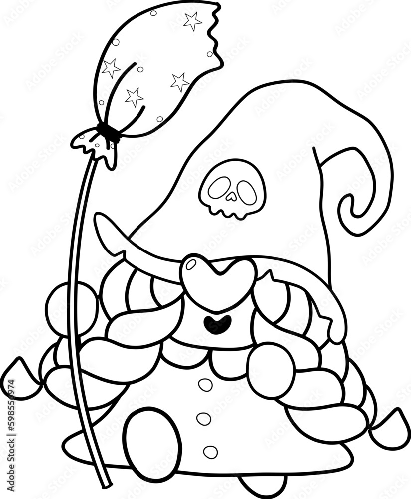 Cute Halloween witch faceless gnome cartoon doodle outline for ...