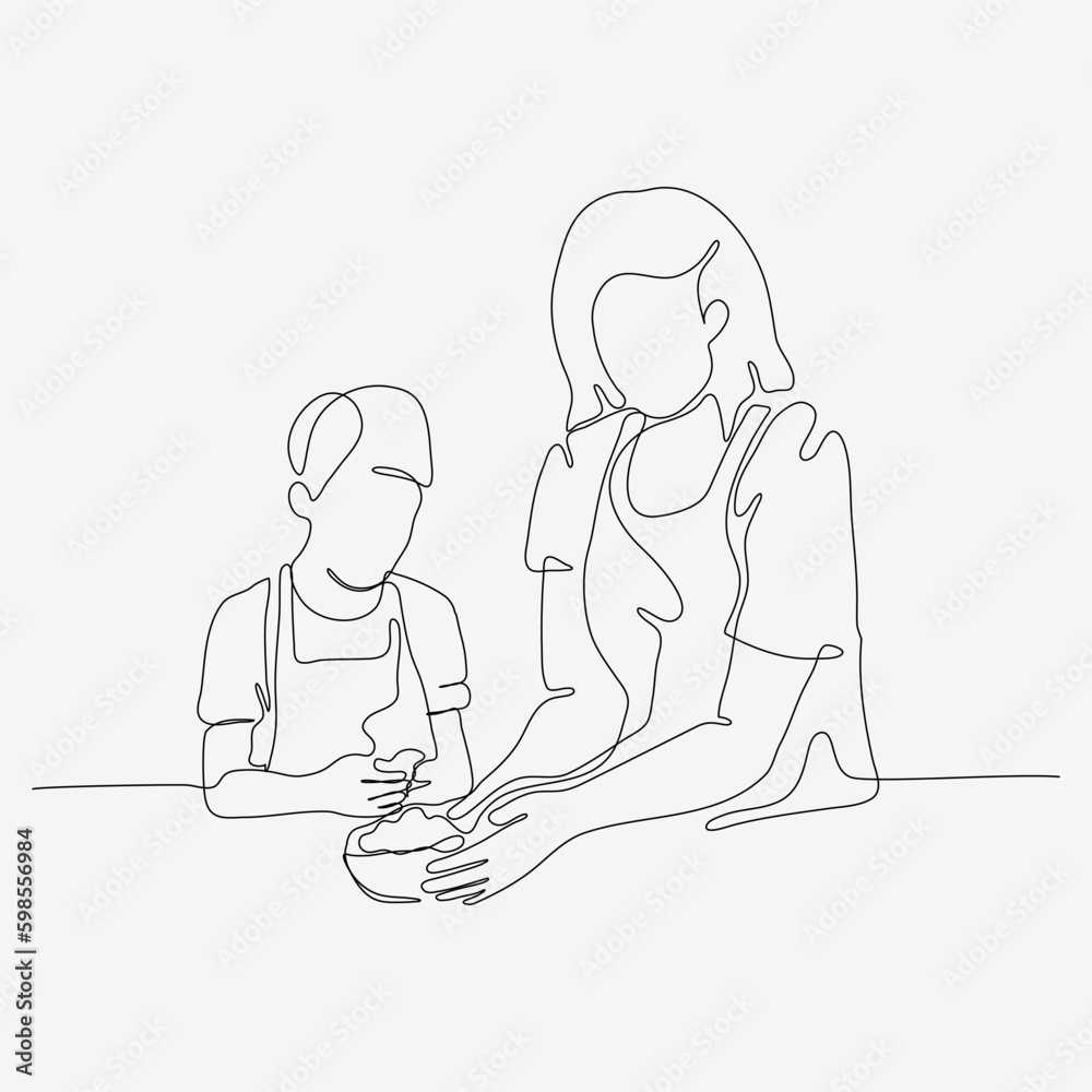 Continuous one line design of a mother and her son together making a ...