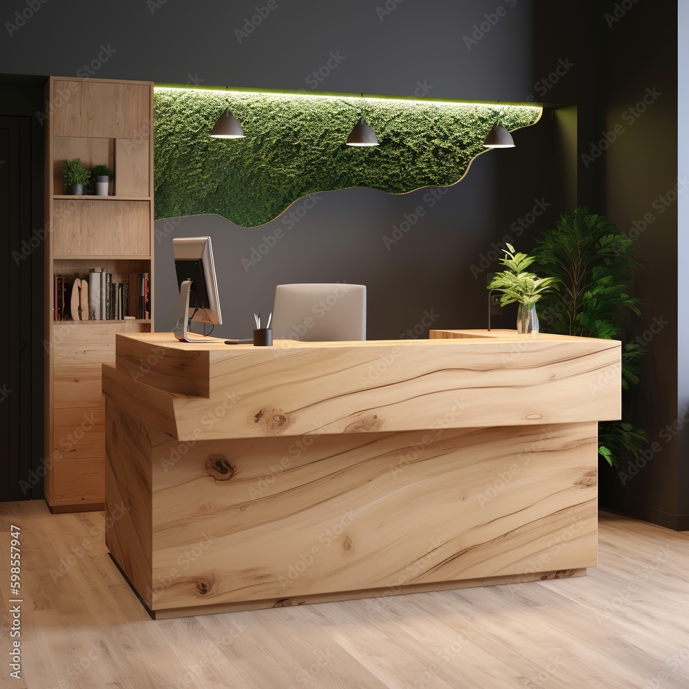 stylish reception desk made from natural wooden slab with modern ...