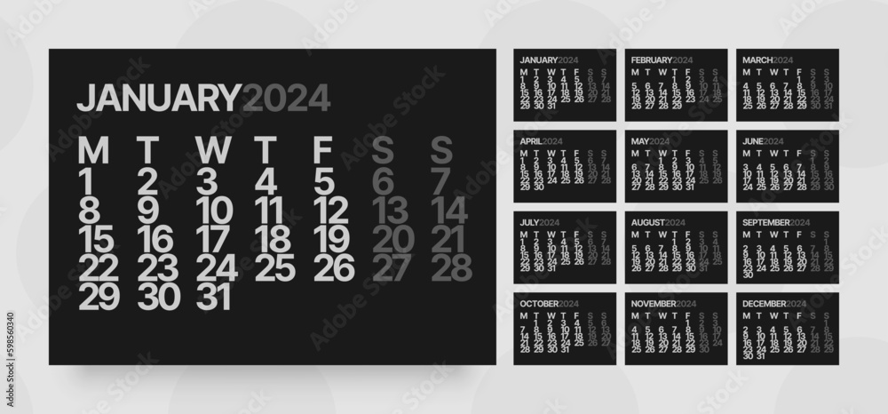 Monthly calendar template for 2024 year. Horizontal calendar grid in ...