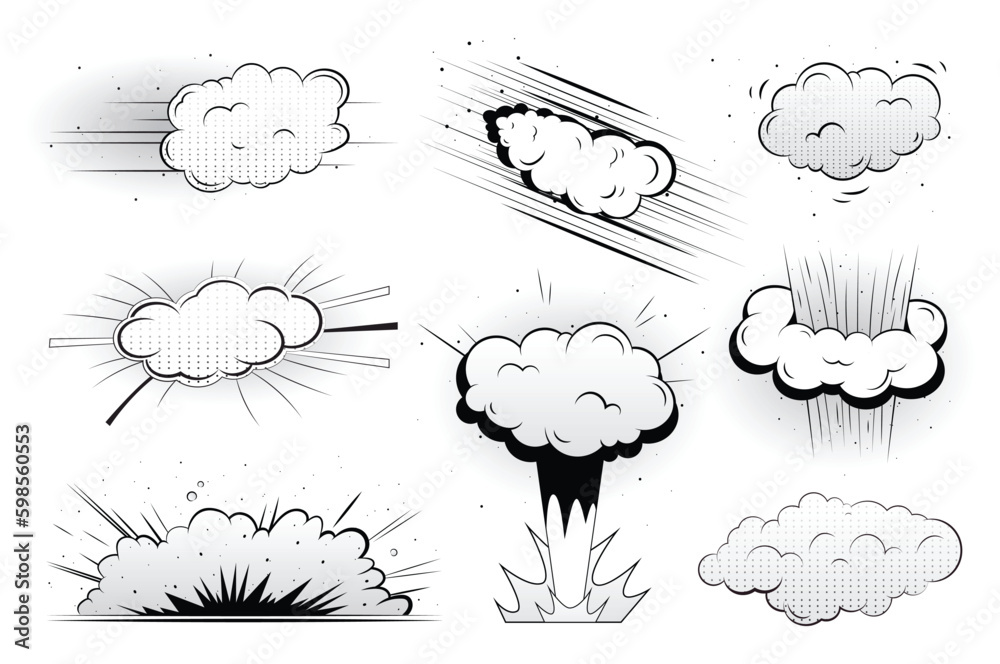 Comic explosion set. A flat and cartoon-style design featuring a set of ...
