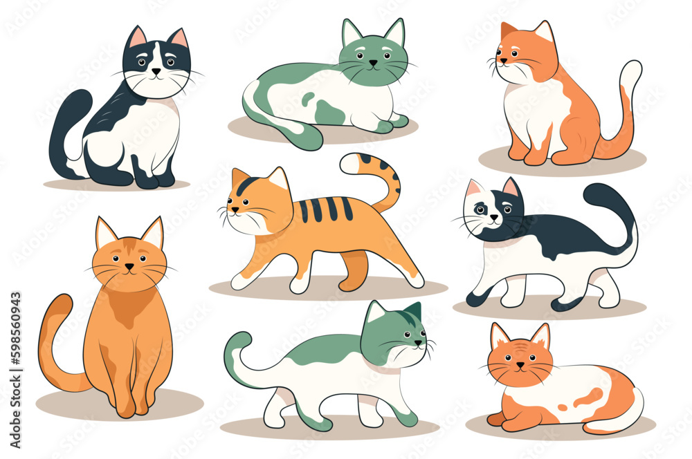 Cartoon cats set. A flat, cartoon-style design set featuring various ...