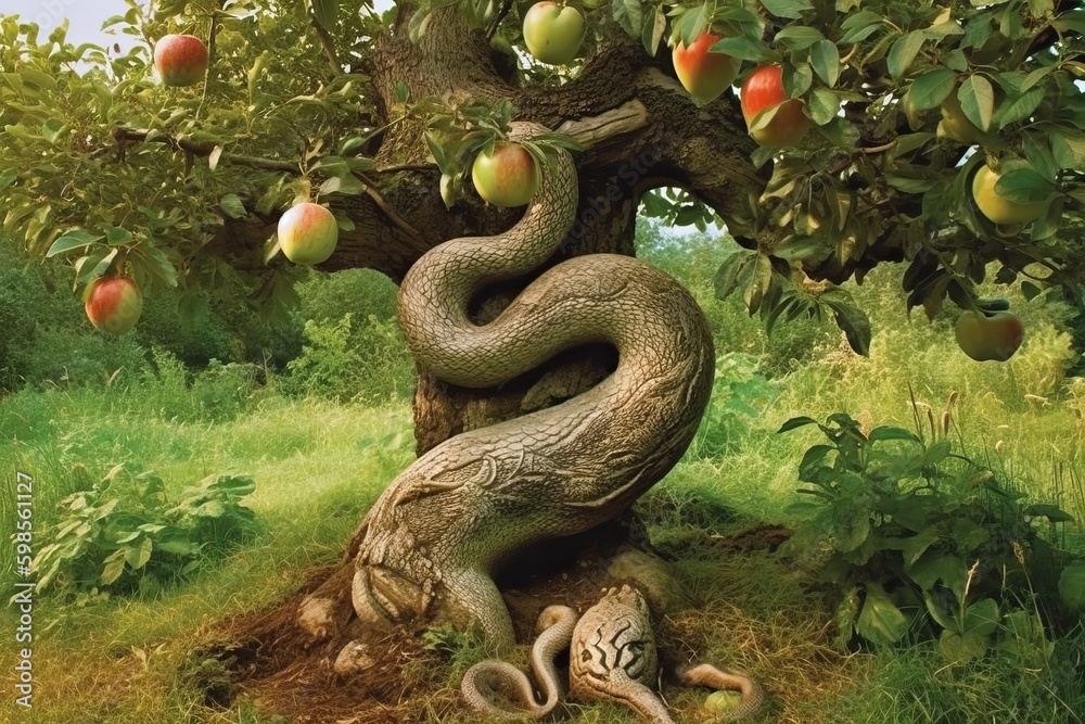 The biblical tree of knowledge in genesis with the apples and the ...