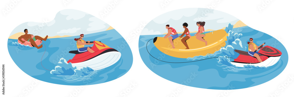 Rider Characters On Banana Boat And Water Tube Experience High-speed ...