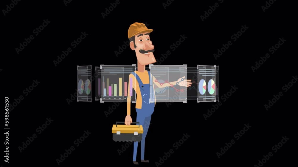 Cartoon foreman worker in helmet character with tool box leafing ...